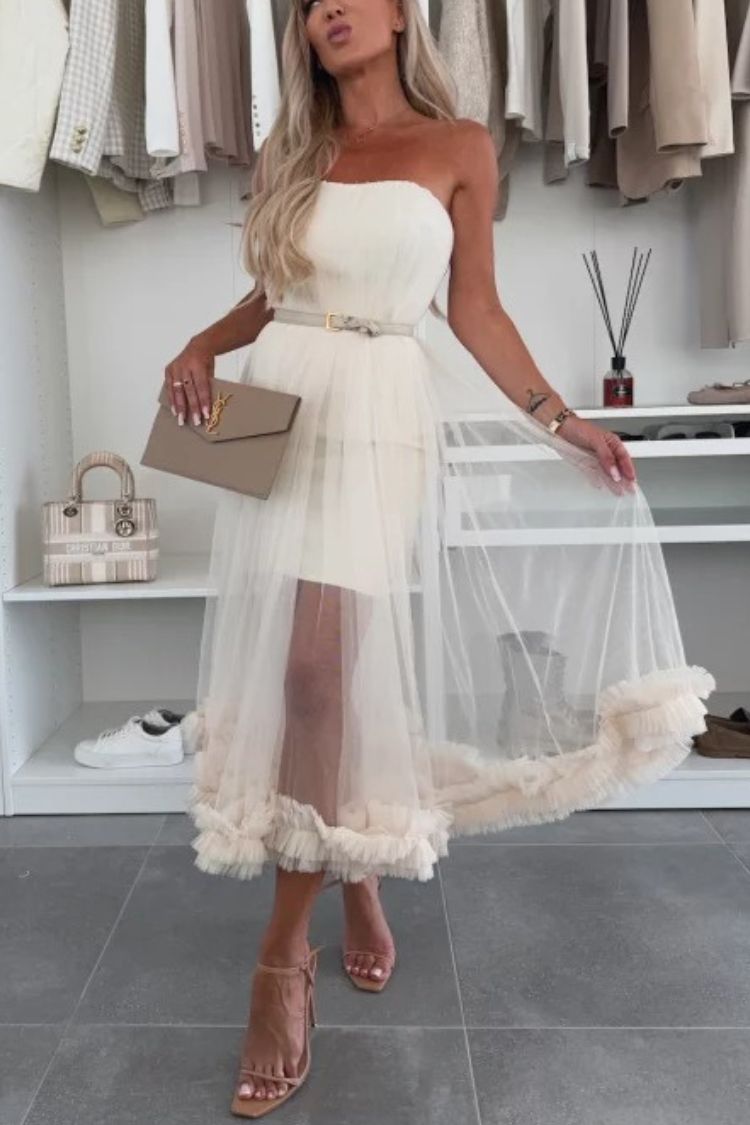 Mayra® | Off-the-shoulder A-line tulle midi dress with fairytale charm ...